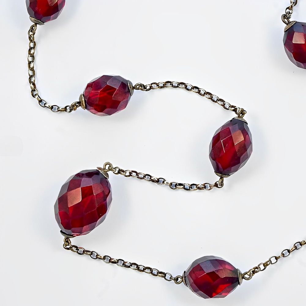 Cherry Red Bakelite Bead Necklace on Sterling Silver Chain | Arabella ...
