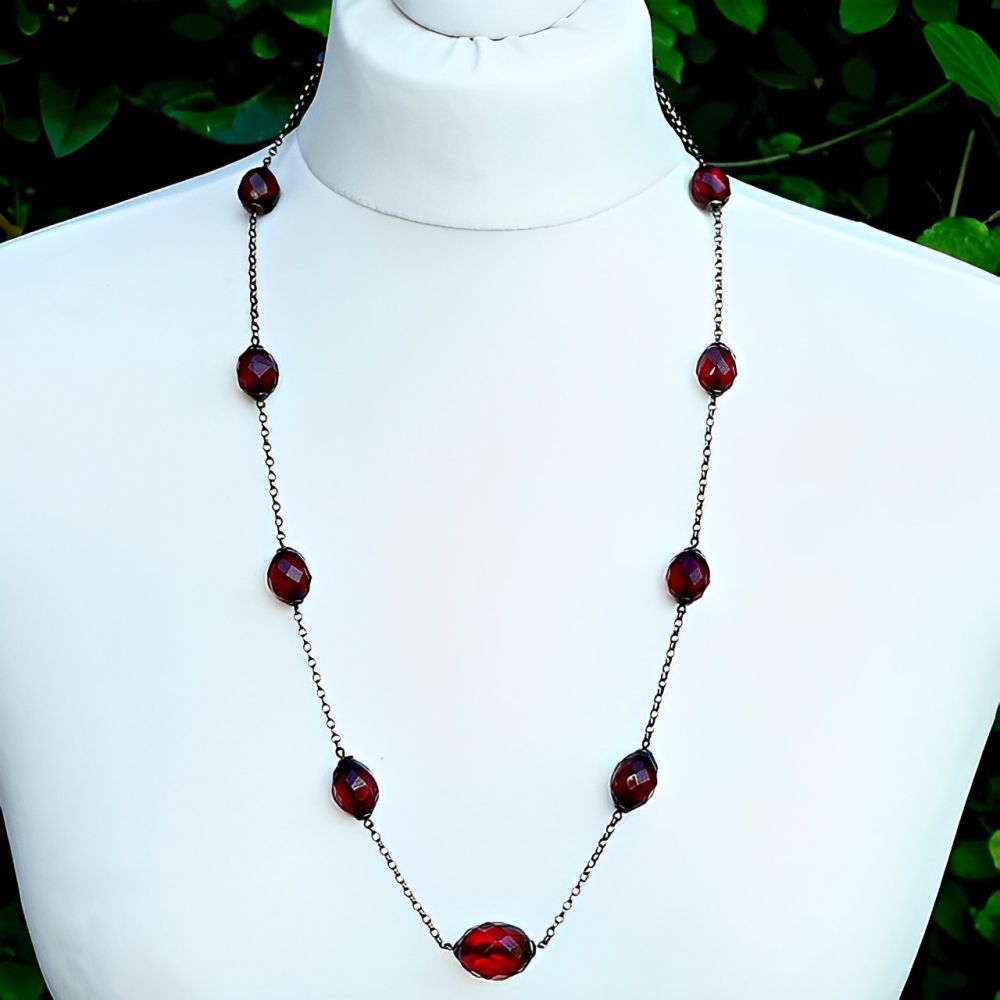 Cherry Red Bakelite Bead Necklace on Sterling Silver Chain | Arabella ...