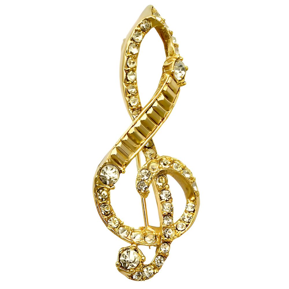 Gold Plated Treble Clef Brooch with Clear Crystals circa 1980s ...