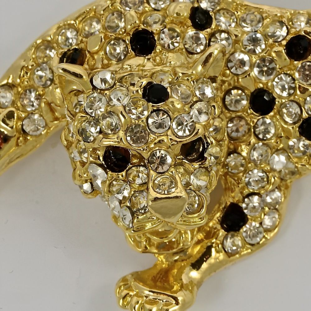 Gold Plated Leopard Brooch with Rhinestones circa 1980s | Arabella Bianco