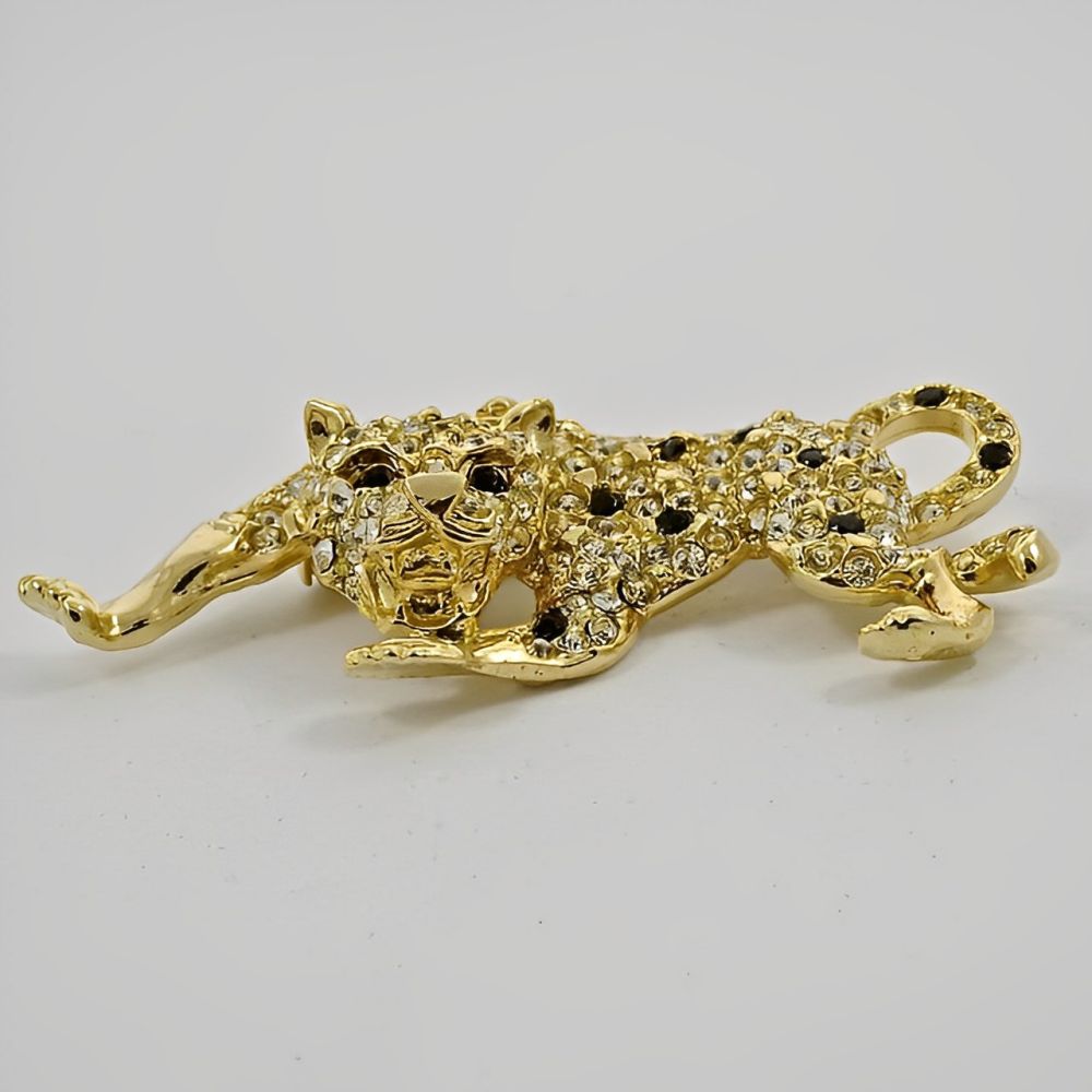 Gold Plated Leopard Brooch with Rhinestones circa 1980s | Arabella Bianco