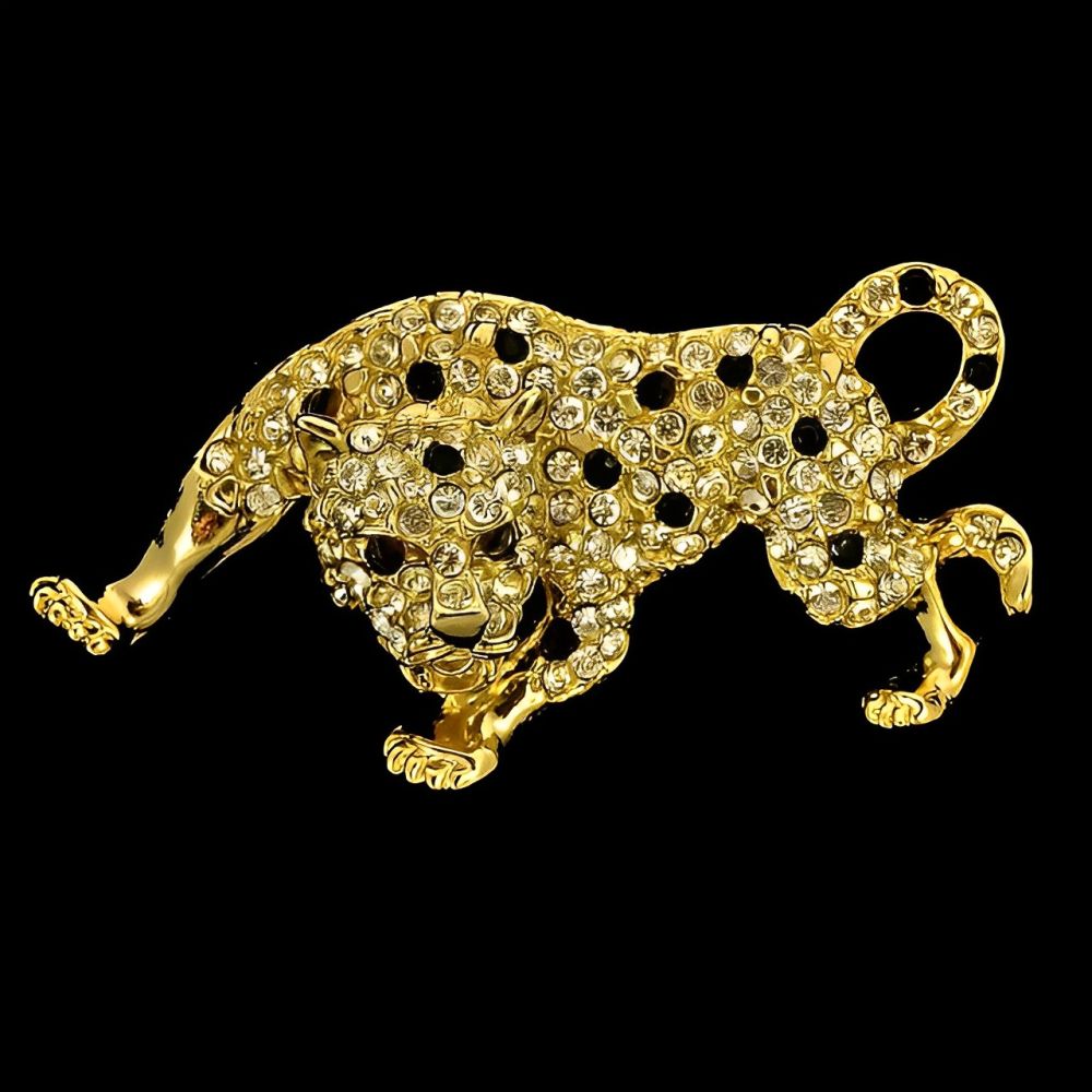 Gold Plated Leopard Brooch with Rhinestones circa 1980s | Arabella Bianco