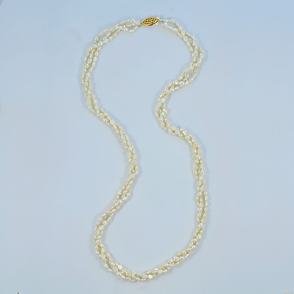Three Strand Baroque Rice Pearl Necklace Circa 1970s Arabella Bianco