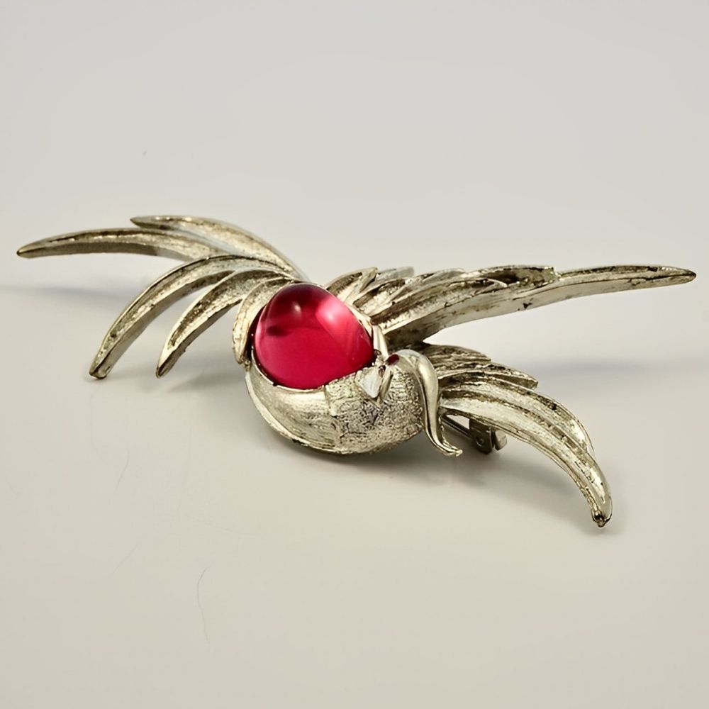 Silver Plated Bird Brooch with a Pink Glass Cabochon circa 1980s ...