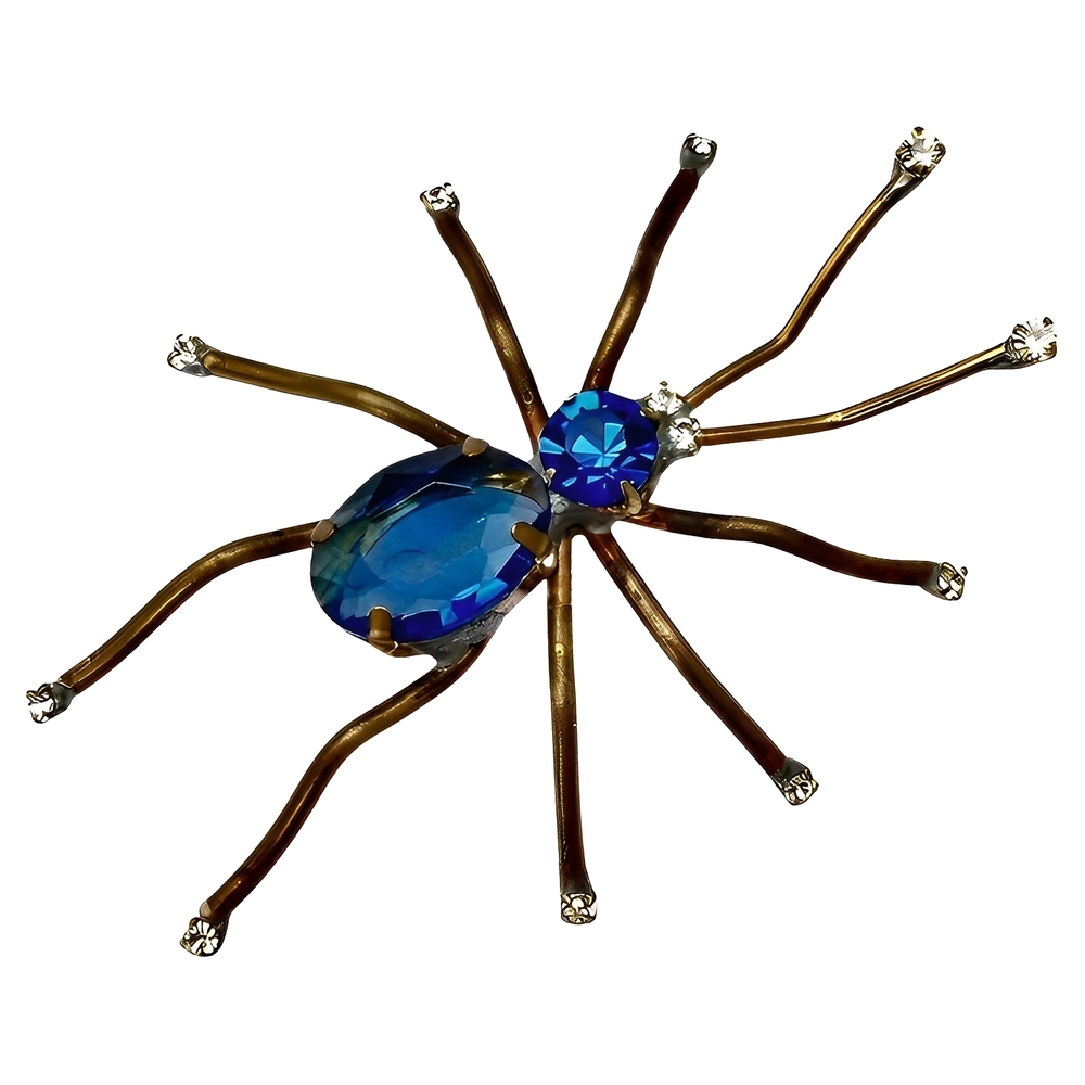 Blue and Clear Rhinestone Spider Brooch | Arabella Bianco