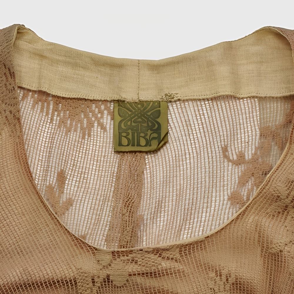 BIBA Pinkish Beige Mesh Top with Peacocks 1970s | Arabella Bianco