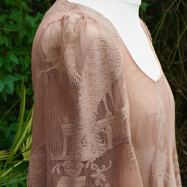 BIBA Pinkish Beige Mesh Top with Peacocks 1970s | Arabella Bianco